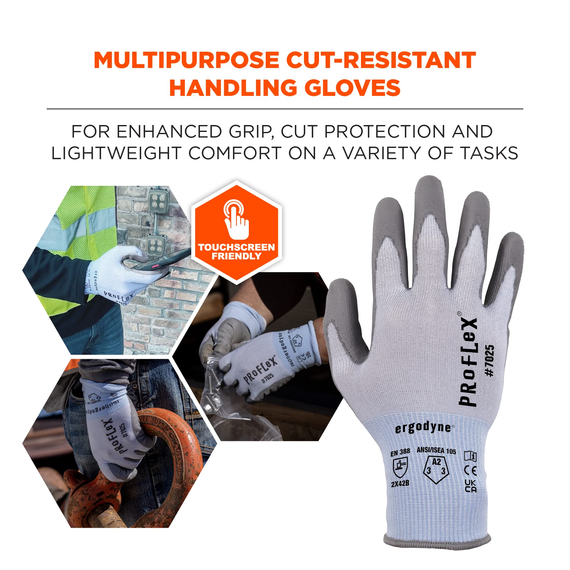 Ergodyne ProFlex 7025 Cut Resistant Work Gloves, ANSI A2, PU Coated Palms for Flexible No Slip Grip, Abrasion Resistant, Superior Fit and Feel, 18g, Blue, Small