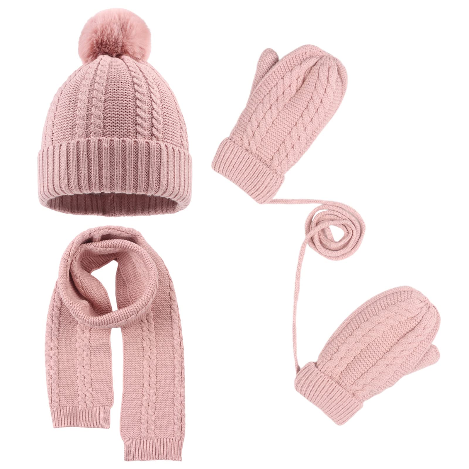 Kids Winter Hat Scarf Mittens Set Toddler Knitted Beanie Girls Fleece Children Neck Warmer Boys Warm Gloves 2-7 Years (Pink)