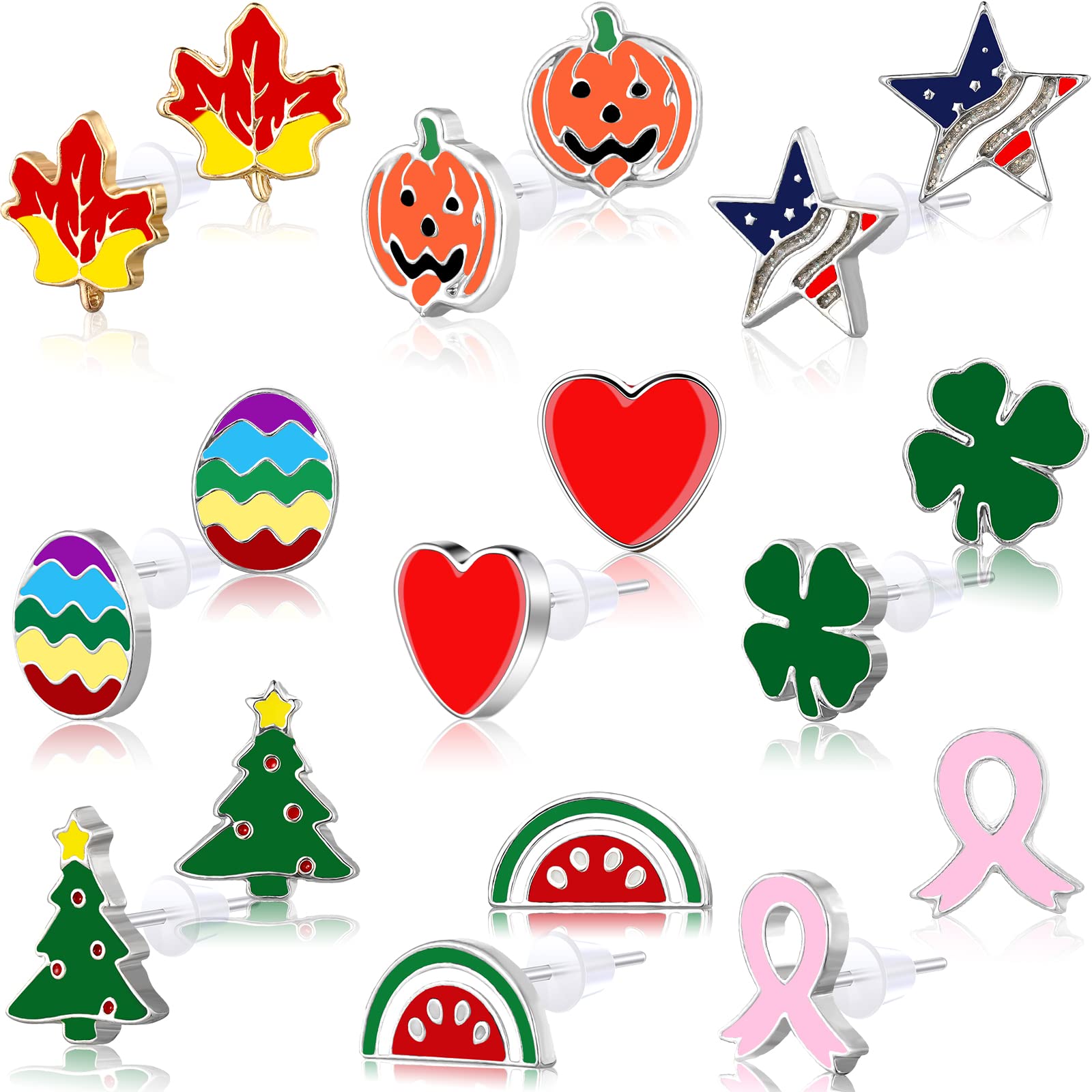 Bonuci 9 Pairs Holiday Earrings for Women Christmas Earrings Jewelry Gift Christmas Tree Clover Red Heart Earrings(Elegant Style)