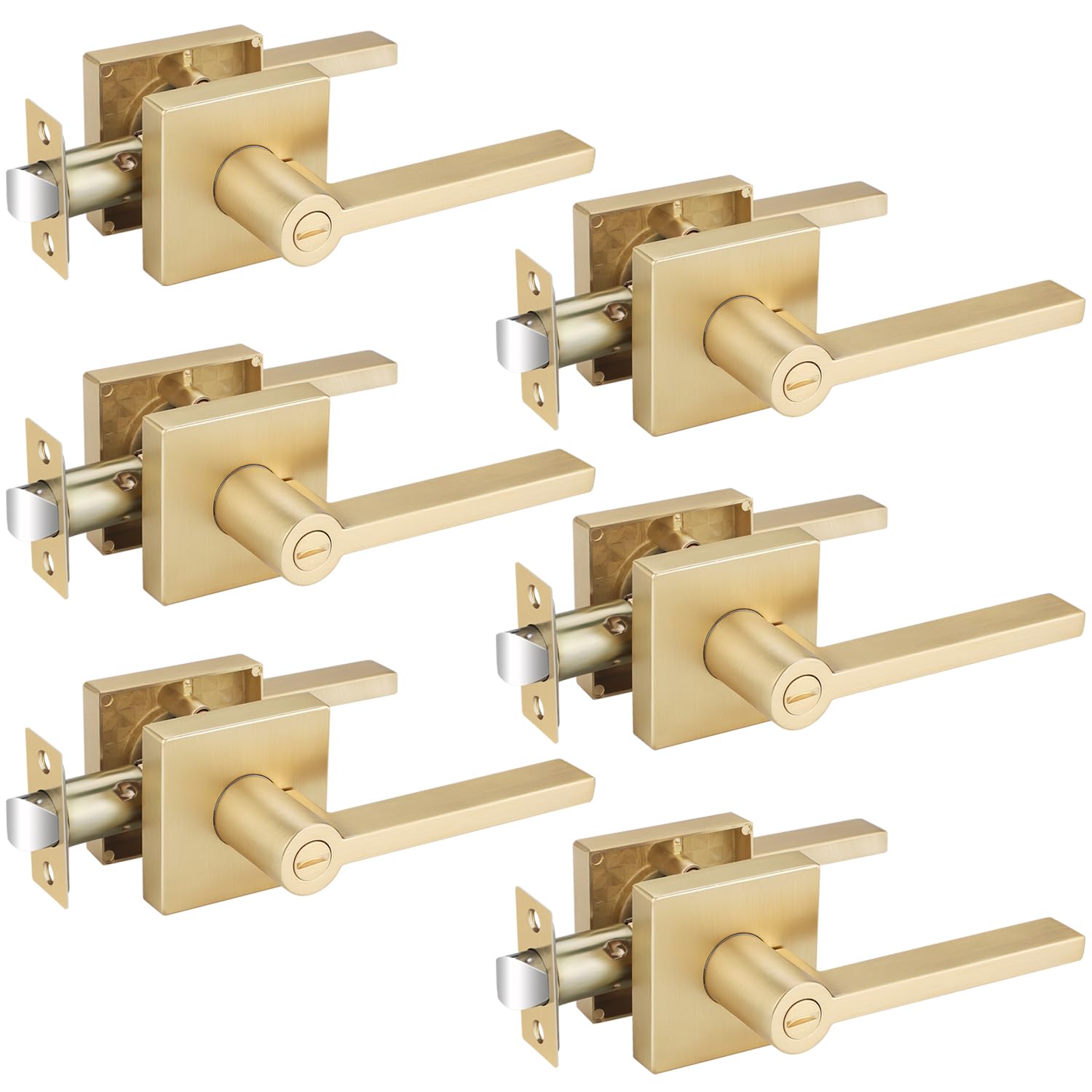 EHOMEWARE 6 Pack Gold Door Handles, Satin Brass Door Knobs Interior Privacy Function Without Keys, Bedroom Bathroom Door Levers Interior for Left or Right Handed Doors, Gold Modern Door Levers
