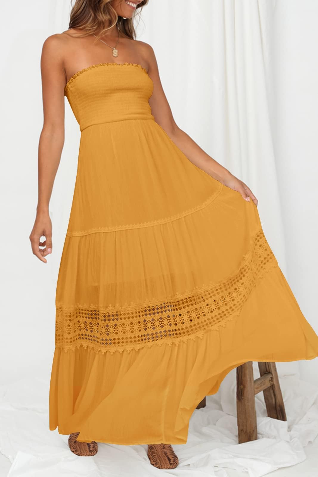 ZESICA Women's 2025 Summer Bohemian Strapless Off Shoulder Lace Trim Backless Flowy A Line Beach Long Maxi Dress,Yellow,Large
