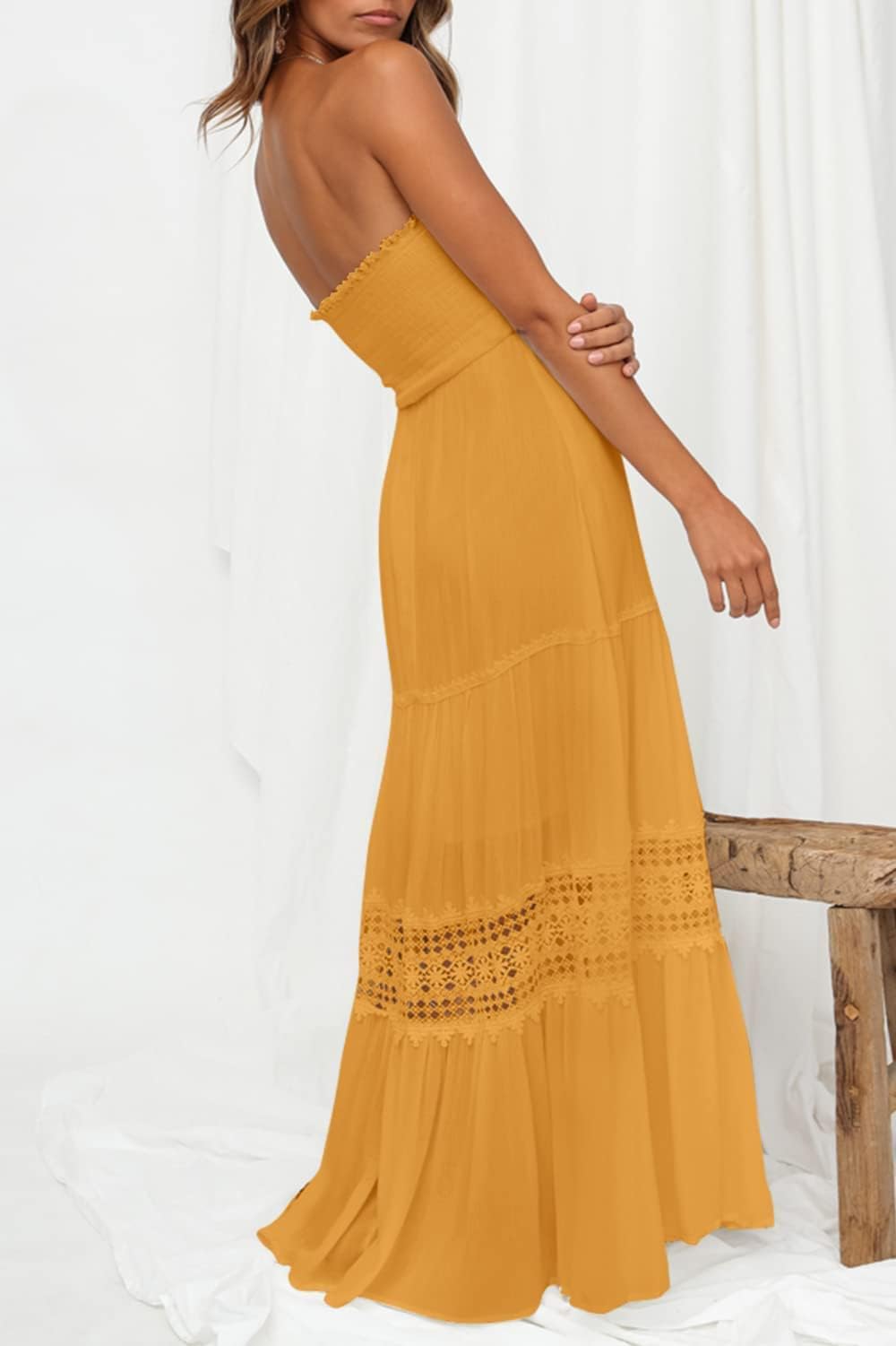 ZESICA Women's 2025 Summer Bohemian Strapless Off Shoulder Lace Trim Backless Flowy A Line Beach Long Maxi Dress,Yellow,Large