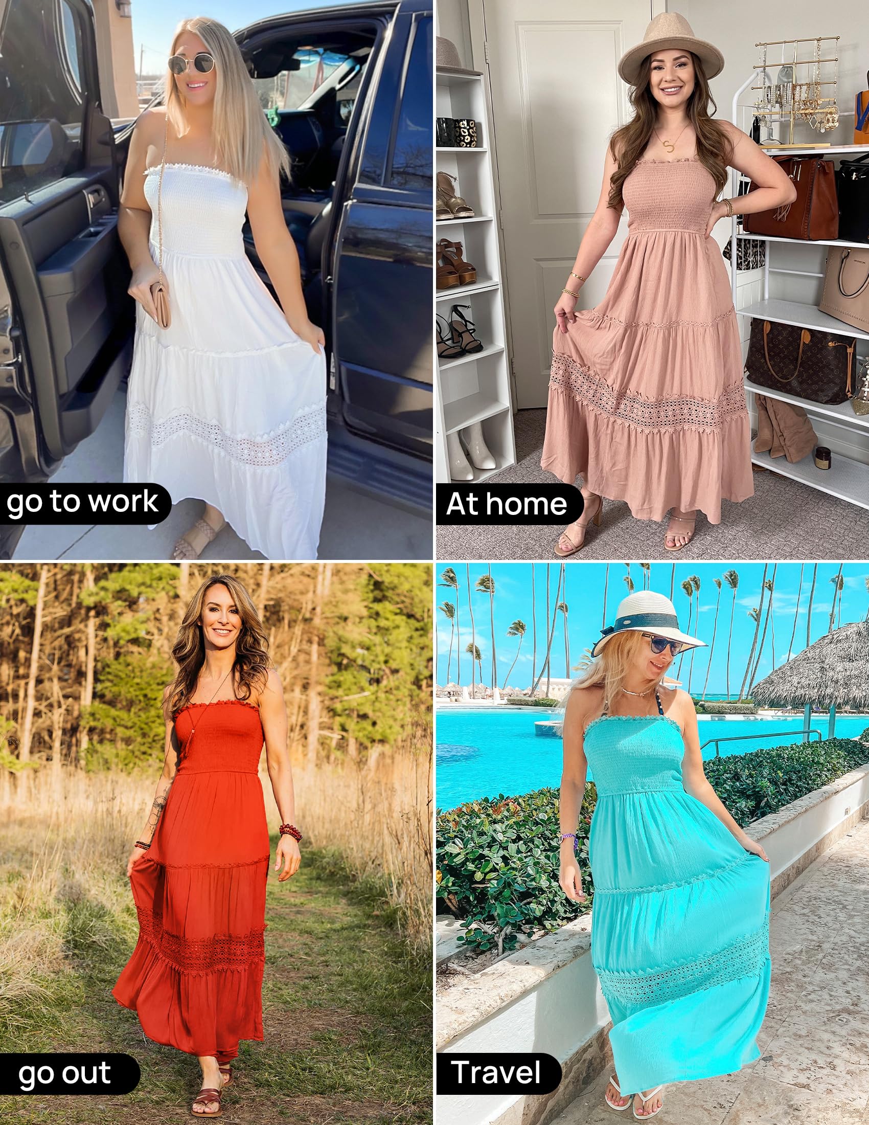 ZESICA Women's 2025 Summer Bohemian Strapless Off Shoulder Lace Trim Backless Flowy A Line Beach Long Maxi Dress,Yellow,Large