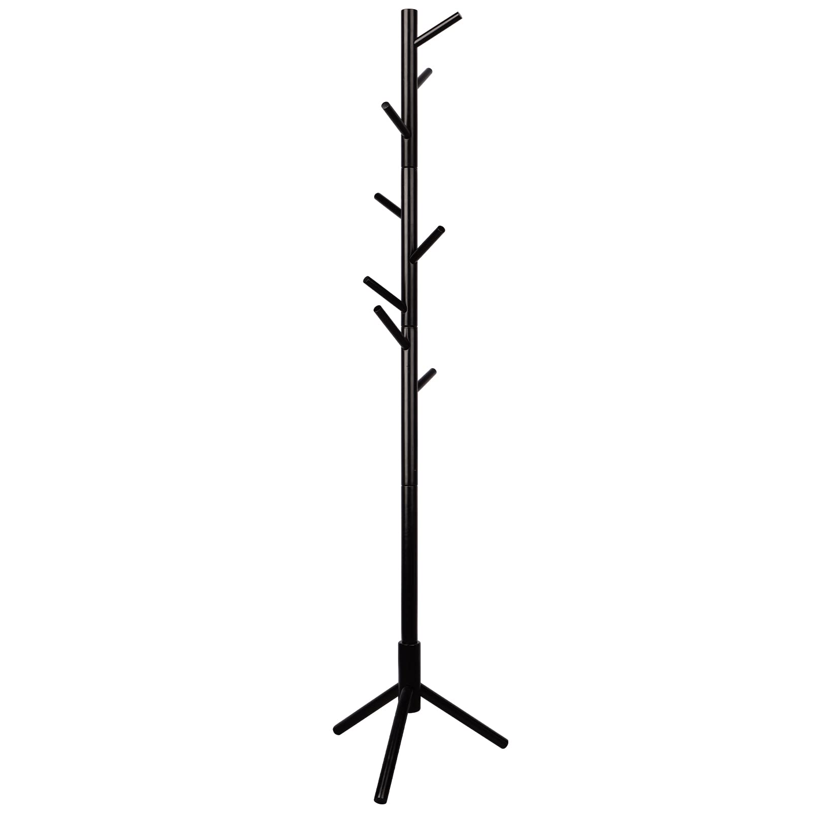 COLAPOO Wooden Tree Coat Rack Stand - 3 Adjustable Sizes 8 Hooks - Corner Coat Rack Freestanding for Office Entryway Bedroom Hall Tree Coat Hanger for Jacket Hat Clothes (Black)