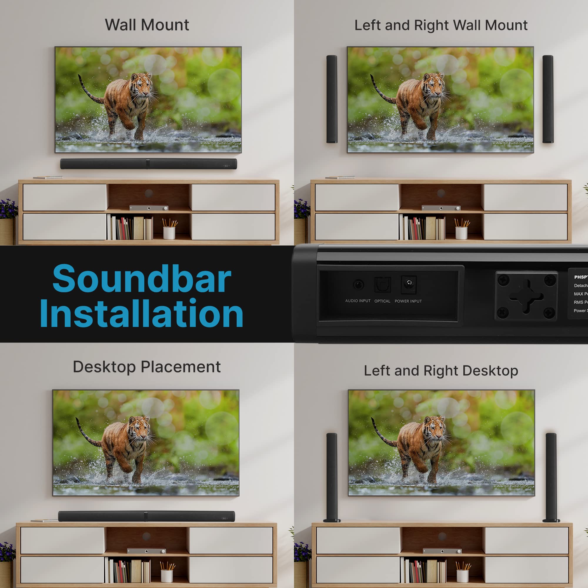 Pyle Home Convertible Soundbar with Bluetooth - 2 Ch 39" Soundbar Stereo Speaker for TV, Detachable, Wall Mountable, Class D Stereo Power Digital Amplifier, Optical, AUX, USB/TF Card Input - PHSPTW60