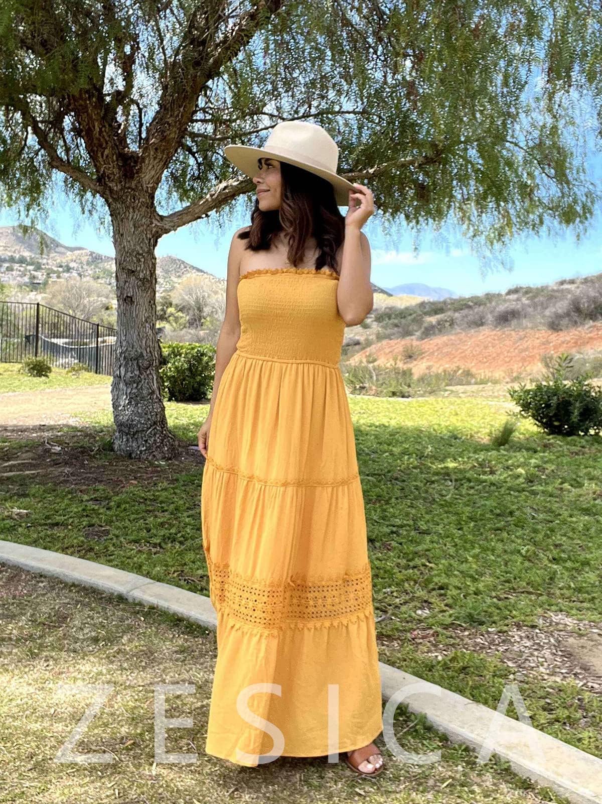 ZESICA Women's 2025 Summer Bohemian Strapless Off Shoulder Lace Trim Backless Flowy A Line Beach Long Maxi Dress,Yellow,Large
