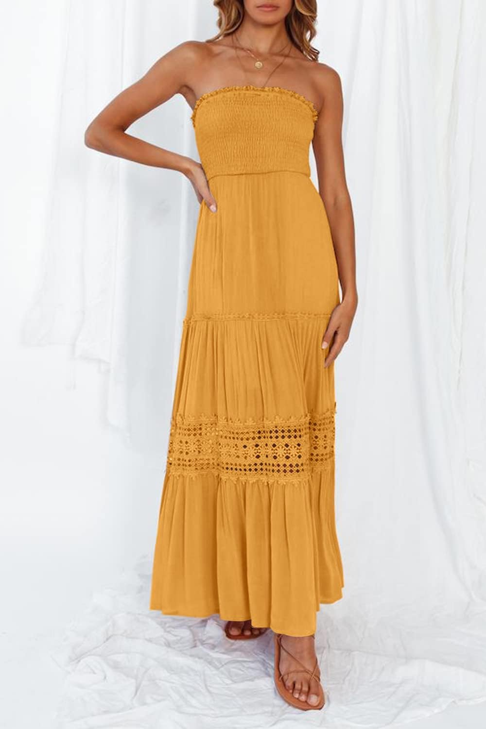 ZESICA Women's 2025 Summer Bohemian Strapless Off Shoulder Lace Trim Backless Flowy A Line Beach Long Maxi Dress,Yellow,Large