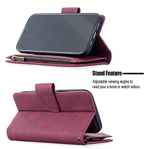 Fansipro Zipper Wallet Folio Case for Samsung Galaxy S9 Plus, Premium PU Leather Slim Fit Cover for Galaxy S9 Plus, 9 Card Slots, 1 Transparent Photo Frame Slot, Slip-Proof, Red