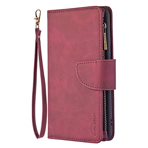 Fansipro Zipper Wallet Folio Case for Samsung Galaxy S9 Plus, Premium PU Leather Slim Fit Cover for Galaxy S9 Plus, 9 Card Slots, 1 Transparent Photo Frame Slot, Slip-Proof, Red