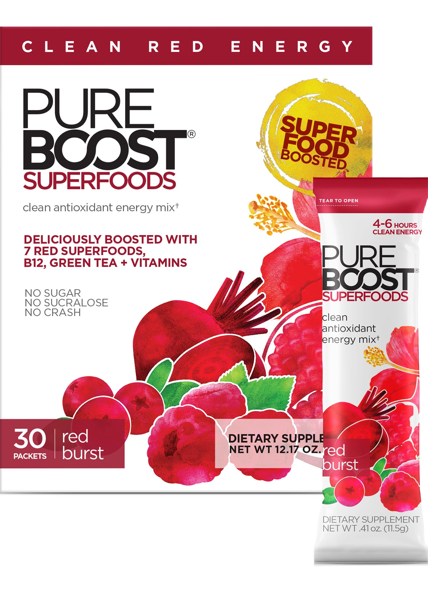 Pureboost Superfoods Clean Energy Booster, Refreshing Energy Drink Mix with 7 Organic Red Superfoods; Beet, Hibiscus, Pomegranate and Vitamins. Sugar-Free, No Sucralose (Red Burst, 30 Count)