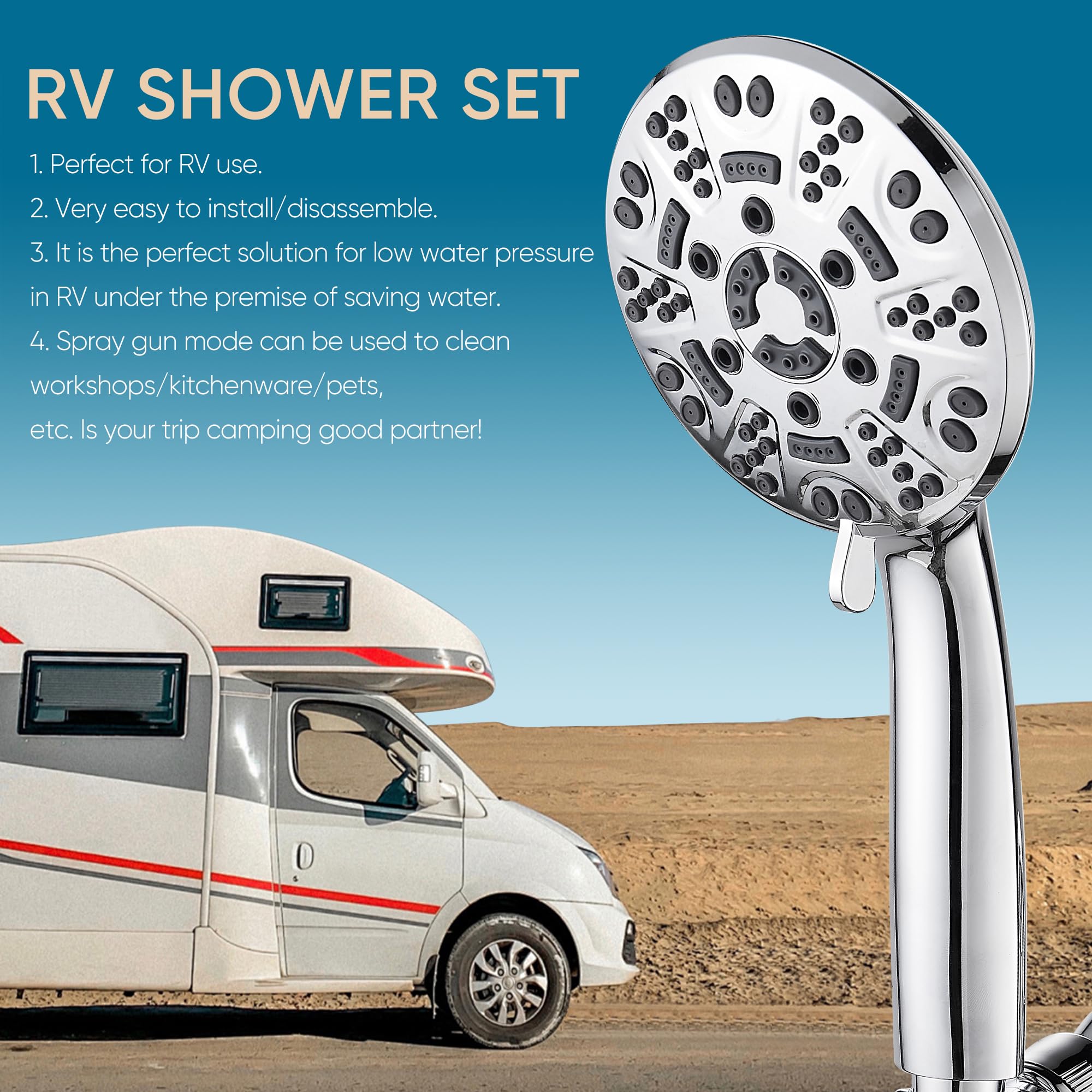Cobbe High Pressure 8 Functions Shower Head with handheld - Powerful Detachable Shower Head Set for Low Water Pressure - Tool-less 1-Min Installation, Extra Long 60" Stainless Steel Hose (Chrome)