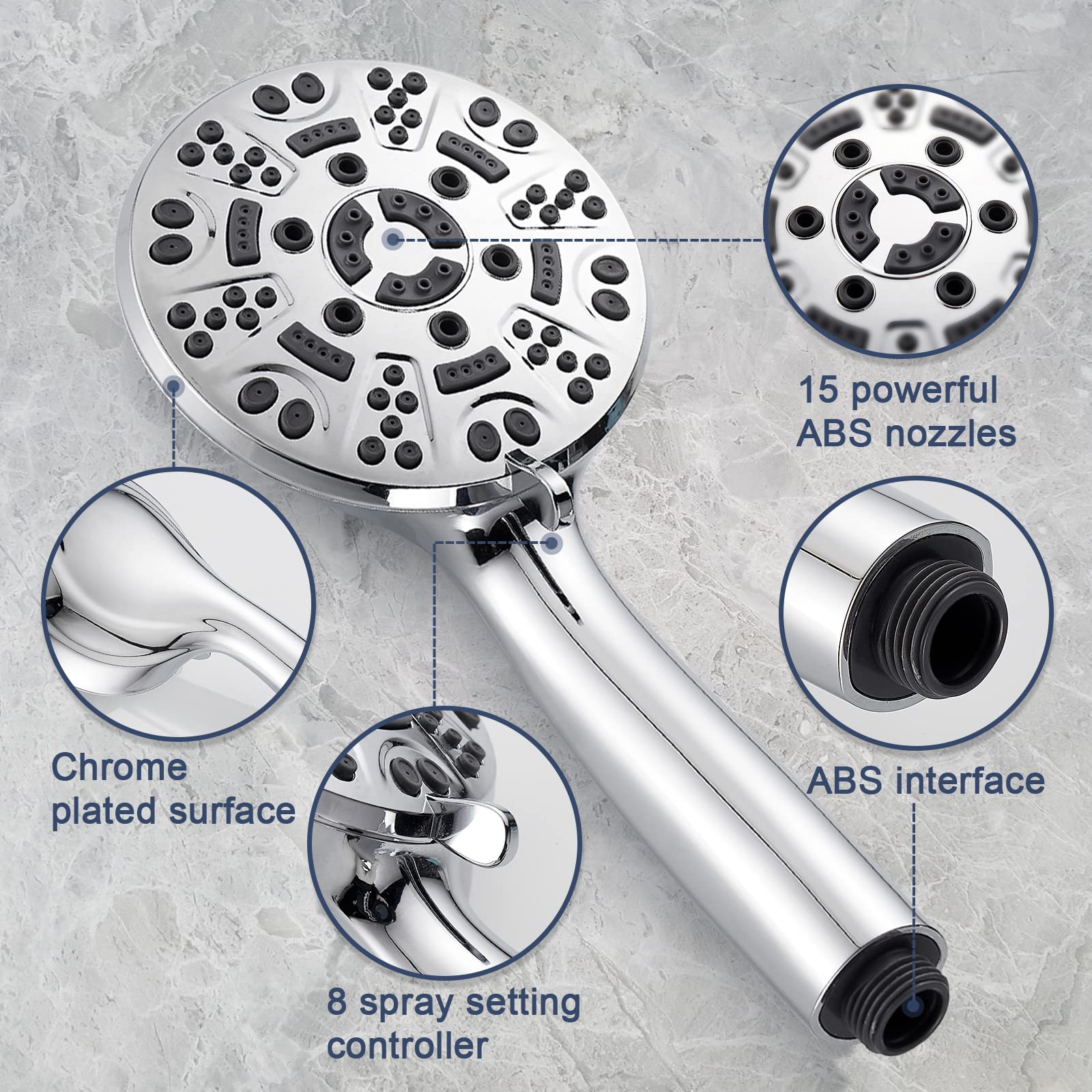 Cobbe High Pressure 8 Functions Shower Head with handheld - Powerful Detachable Shower Head Set for Low Water Pressure - Tool-less 1-Min Installation, Extra Long 60" Stainless Steel Hose (Chrome)
