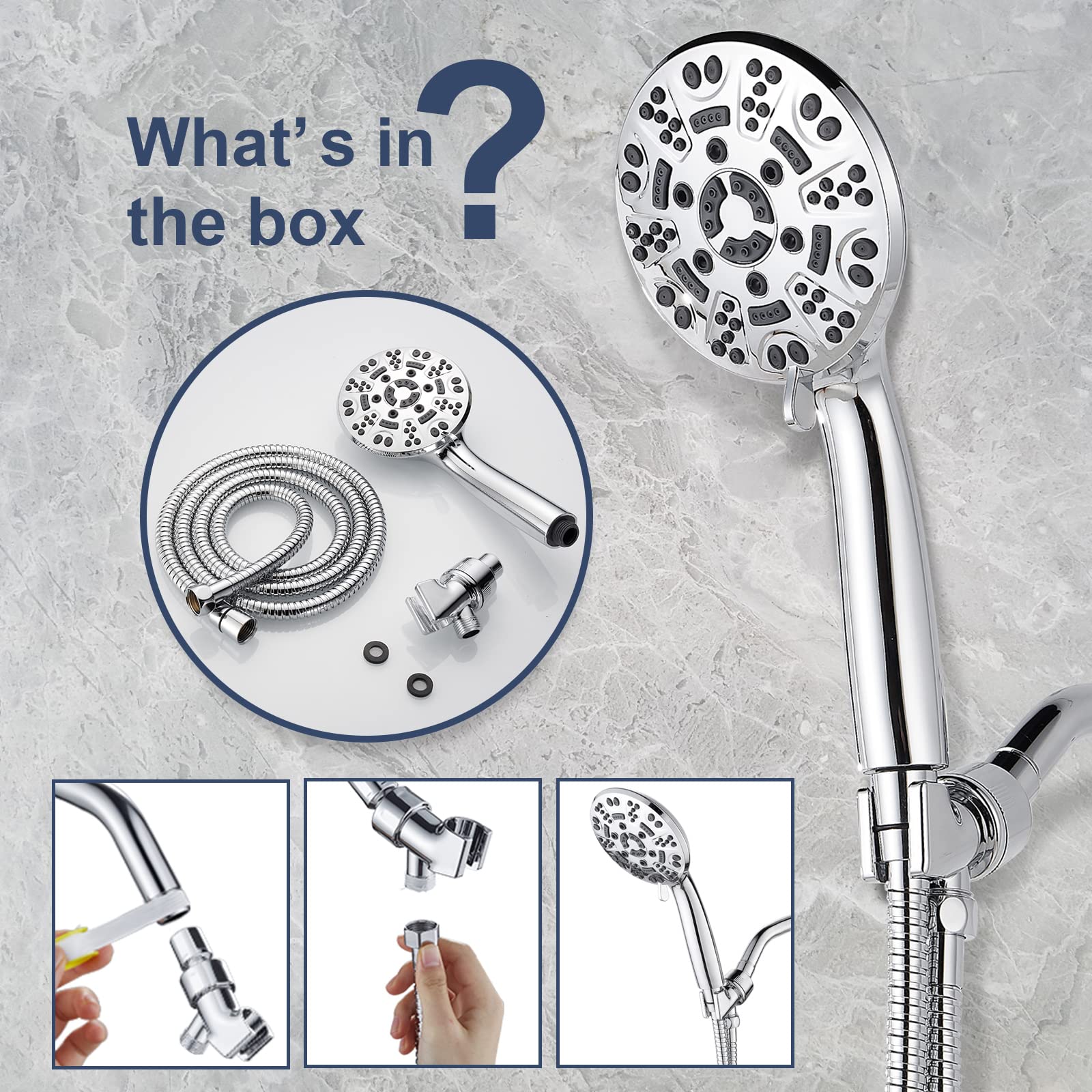 Cobbe High Pressure 8 Functions Shower Head with handheld - Powerful Detachable Shower Head Set for Low Water Pressure - Tool-less 1-Min Installation, Extra Long 60" Stainless Steel Hose (Chrome)