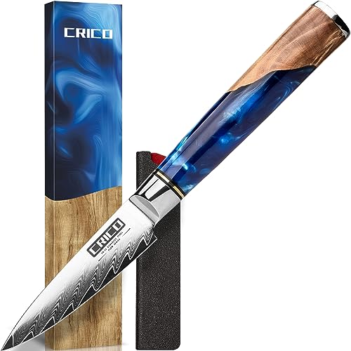 CRICO Paring Knife 3.5 inch Fruit Knife, Small Kitchen Knives, VG10 Damascus Super Steel 67-Layers, Full Tang Wood&Resin Handle, Gift Box - Flow Series
