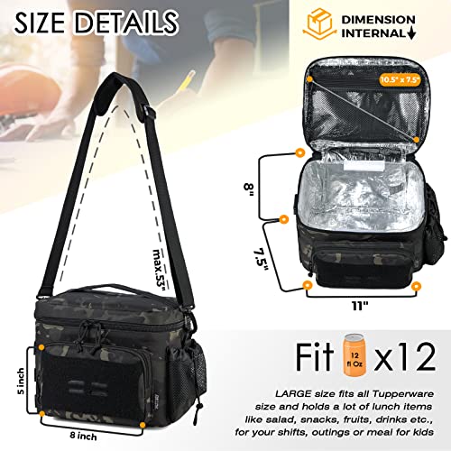 DBTAC Tactical Lunch Box, Large Insulated Lunch Bag Fits 12-Cans w/Water Bottle Pocket | Leakproof Lunch Cooler Tote for EDC Work Travel | Soft & Collapsible Easy-Clean Liner x2, Black Camo