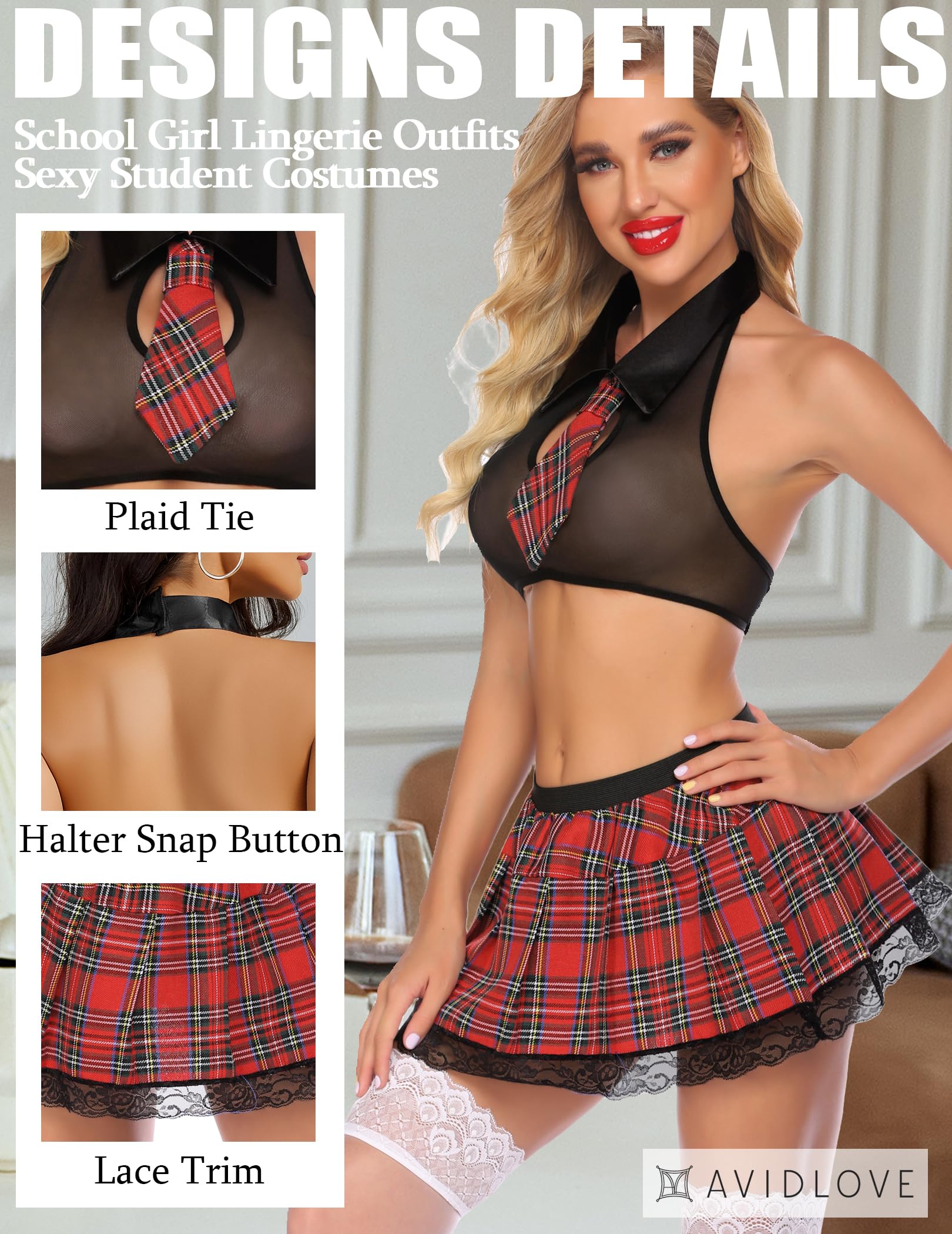 Avidlove Costume Lingerie School Roleplay Skirt Set Sexy Student Outfits Black XS