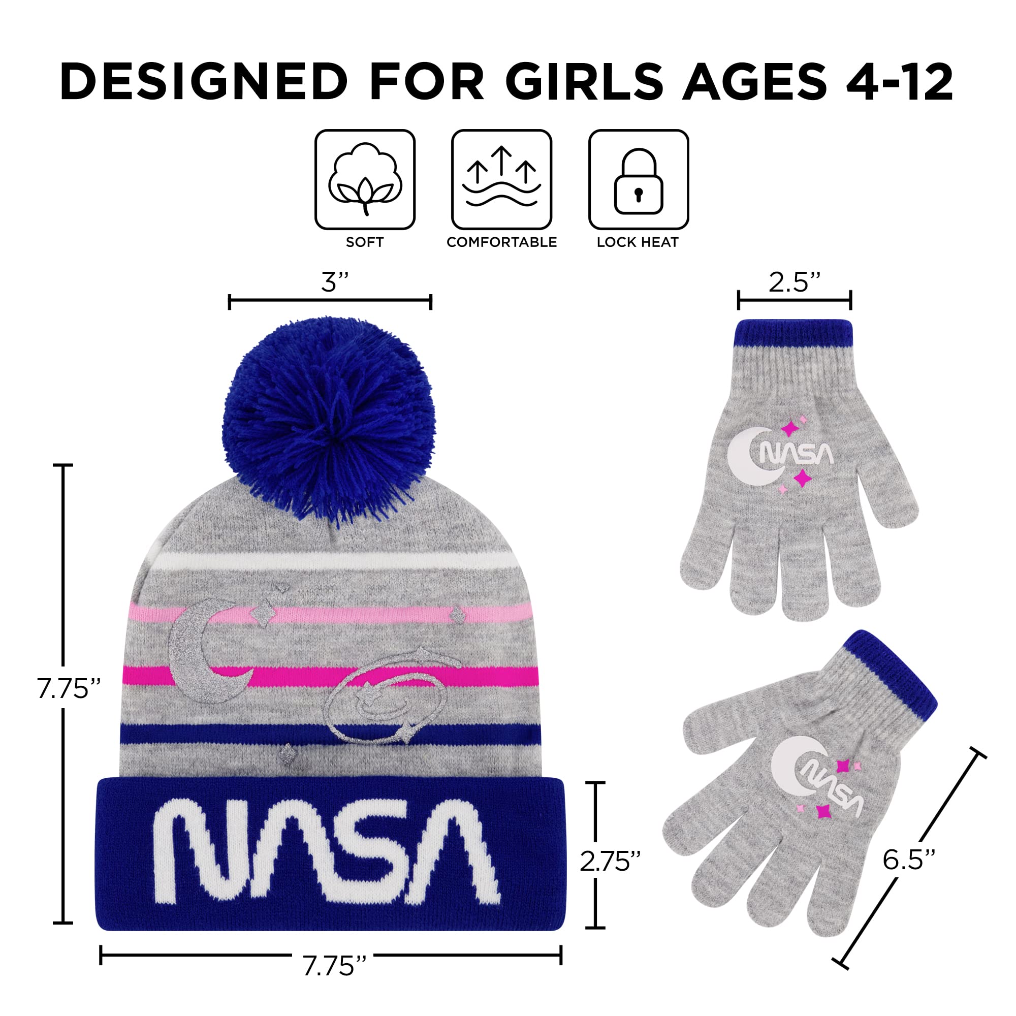 ABG Accessories Boys' Little Girls Winter Hat with Kids Gloves Set, NASA for Ages, Grey/Blue, 4-7 Years