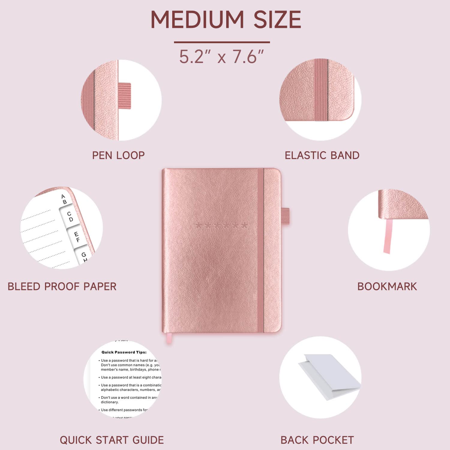 Password Book with Alphabetical Tabs – Hardcover Internet Address & Password Organizer – Password Keeper Notebook for Computer & Website – 5.2 x 7.6" Log-in Password Journal w/Thick Paper (Rose Gold)