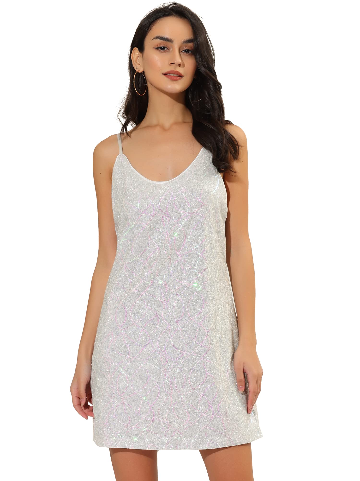 Allegra K Women's Glitter Sequin Dress V Neck Spaghetti Strap Halloween Mini Party Dress Clubwear Large White (with Pinks)