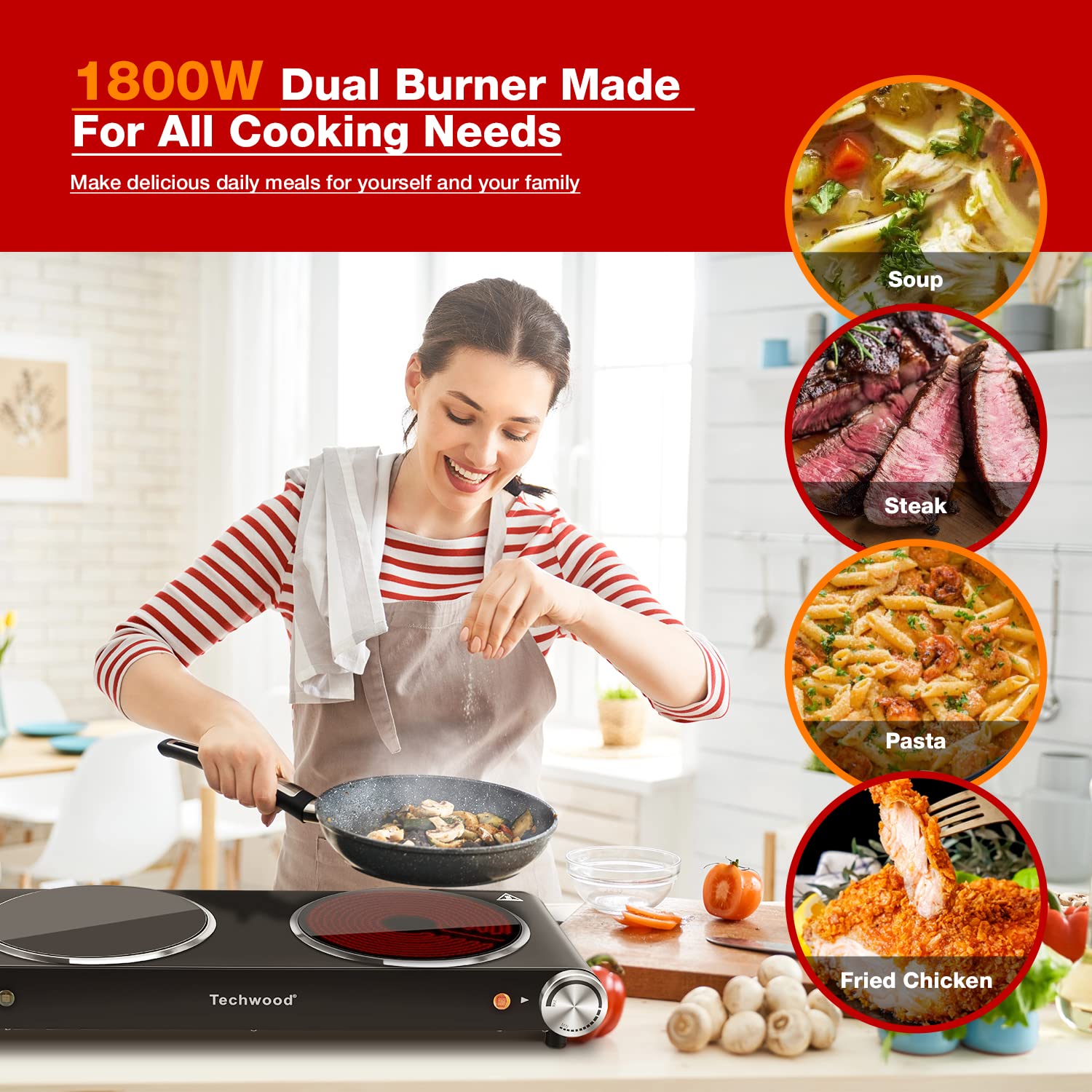 Hot Plate, Techwood 1800W Dual Electric Stove, Countertop Stove Double Burner for Cooking, Infrared Ceramic Hot Plates Double Cooktop, Brushed Stainless Steel Easy to Clean Upgraded Version, Black