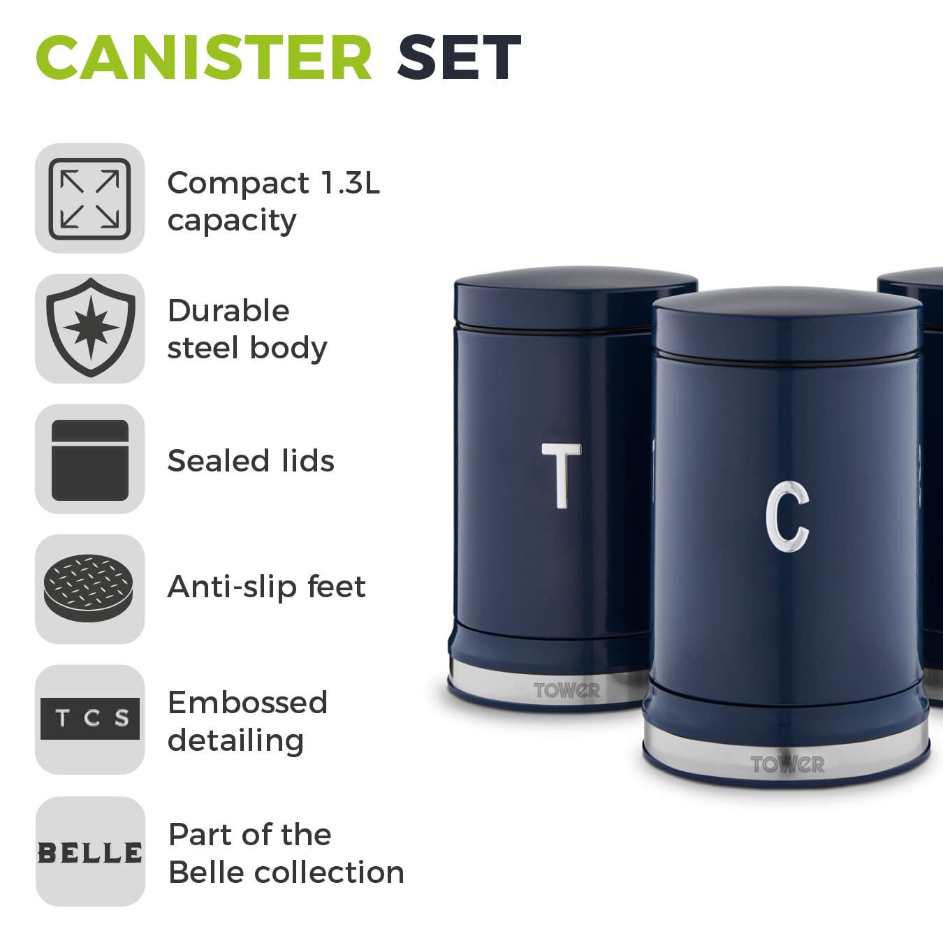 Tower T826171MNB Belle Set of 3 Canisters, Tea/Coffee/Sugar Storage, Midnight Blue