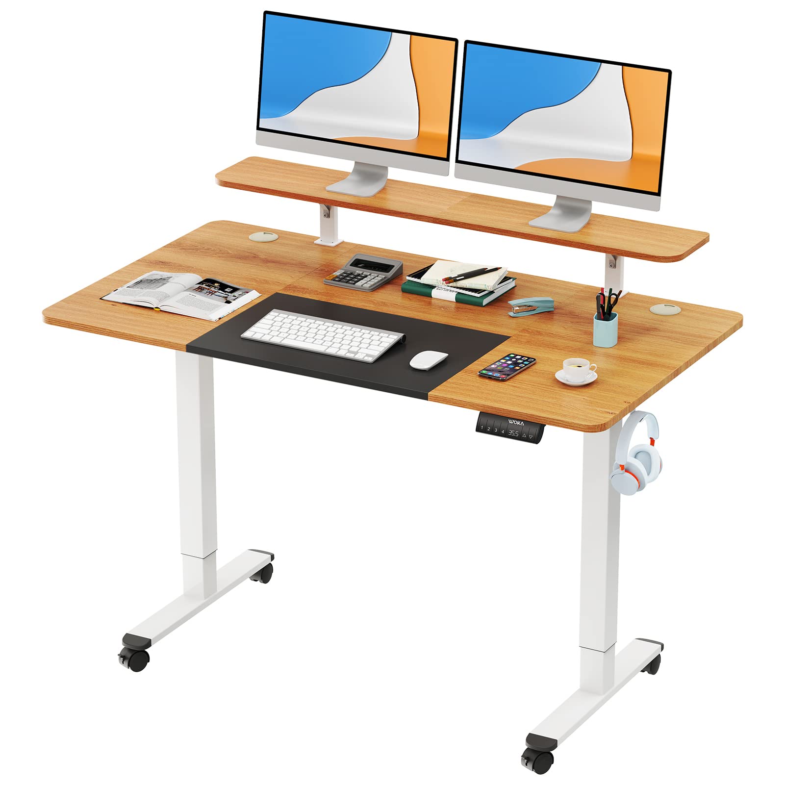 WOKA 55 x 28 Inch Dual Motor Electric Standing Desk, 2-Tier Height Adjustable Stand up Desk, Sit Stand Desk with Memory Controller, Adjustable Desks for Home Office, Motorized Desk with Splice Board