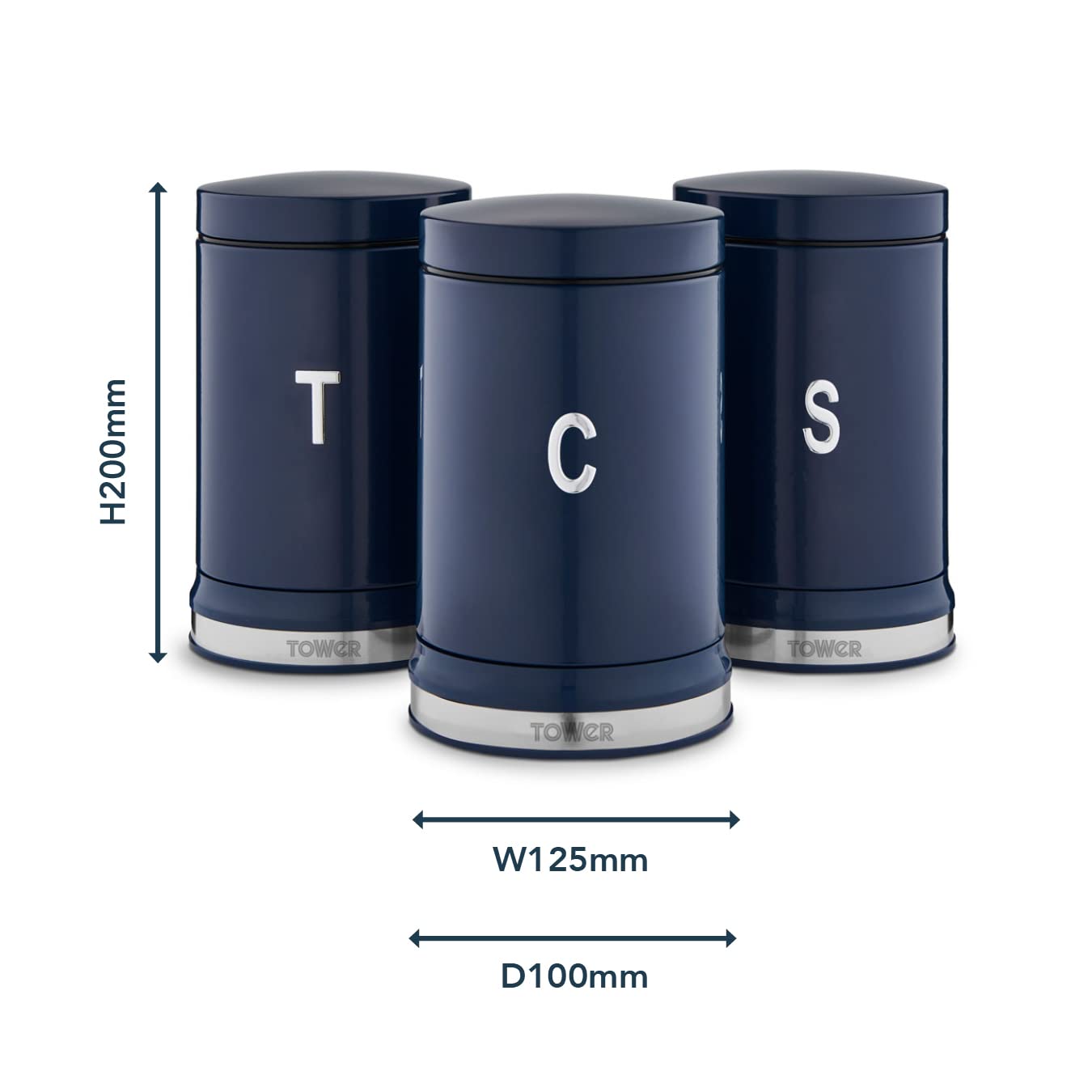 Tower T826171MNB Belle Set of 3 Canisters, Tea/Coffee/Sugar Storage, Midnight Blue