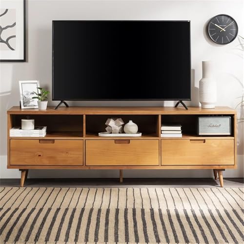 Walker Edison Millie Mid Century Modern 3 Drawer Solid Wood Low Stand for TVs up to 80 Inches, 70 Inch, Caramel