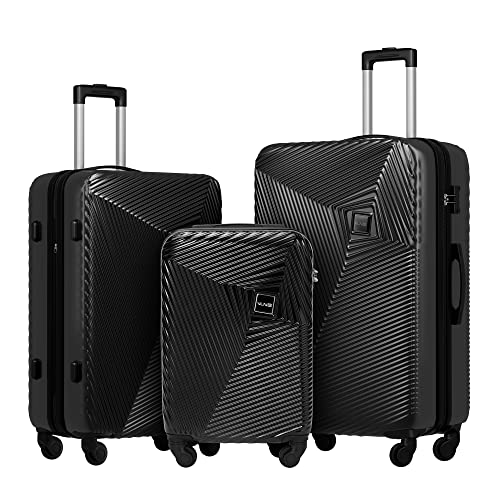 VLIVE HardShell Luggage Set with Spinner Wheel, 3 Pieces Suitcase Set with TSA Lock, Expandable Travel Suitcase Set (Black)
