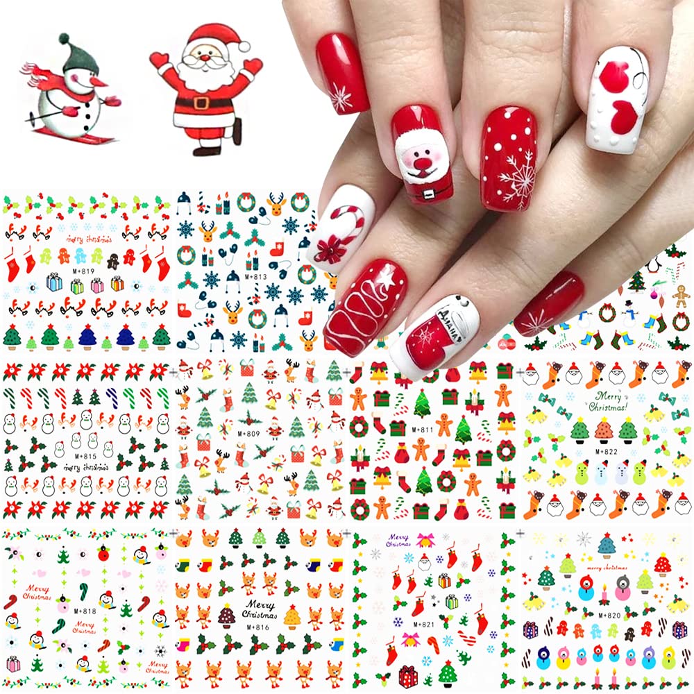 Christmas Nail Art Stickers, Snowflake Nail Decals Water Transfer Winter Nail Stickers Colorful Snowflake Santa Claus Snowman Bell Xmas Tree Sock Elk Nail Tattoo Stickers for Women Girls Kids (12