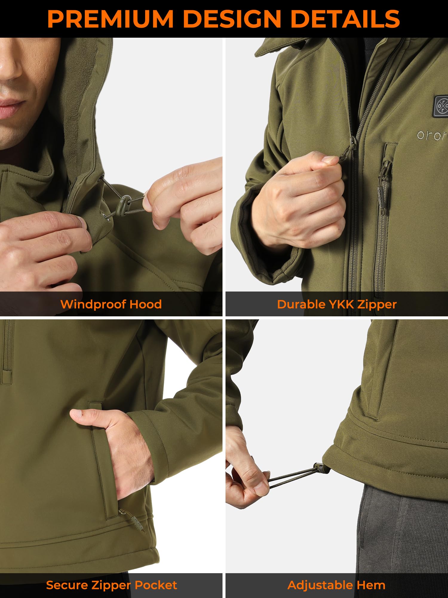 ORORO Men's Heated Jacket with Battery, Heated Coat with Detachable Hood (Charger Not Included) (Green, XL)