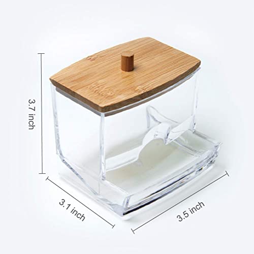 NAGU Acrylic Qtip Holder with Bamboo Lid, Clear Small Cotton Swab Dispenser, Plastic Ear Stick Swabs Holder, Square Toothpick Storage Container, Bathroom Countertop Decorative Storage Organizer