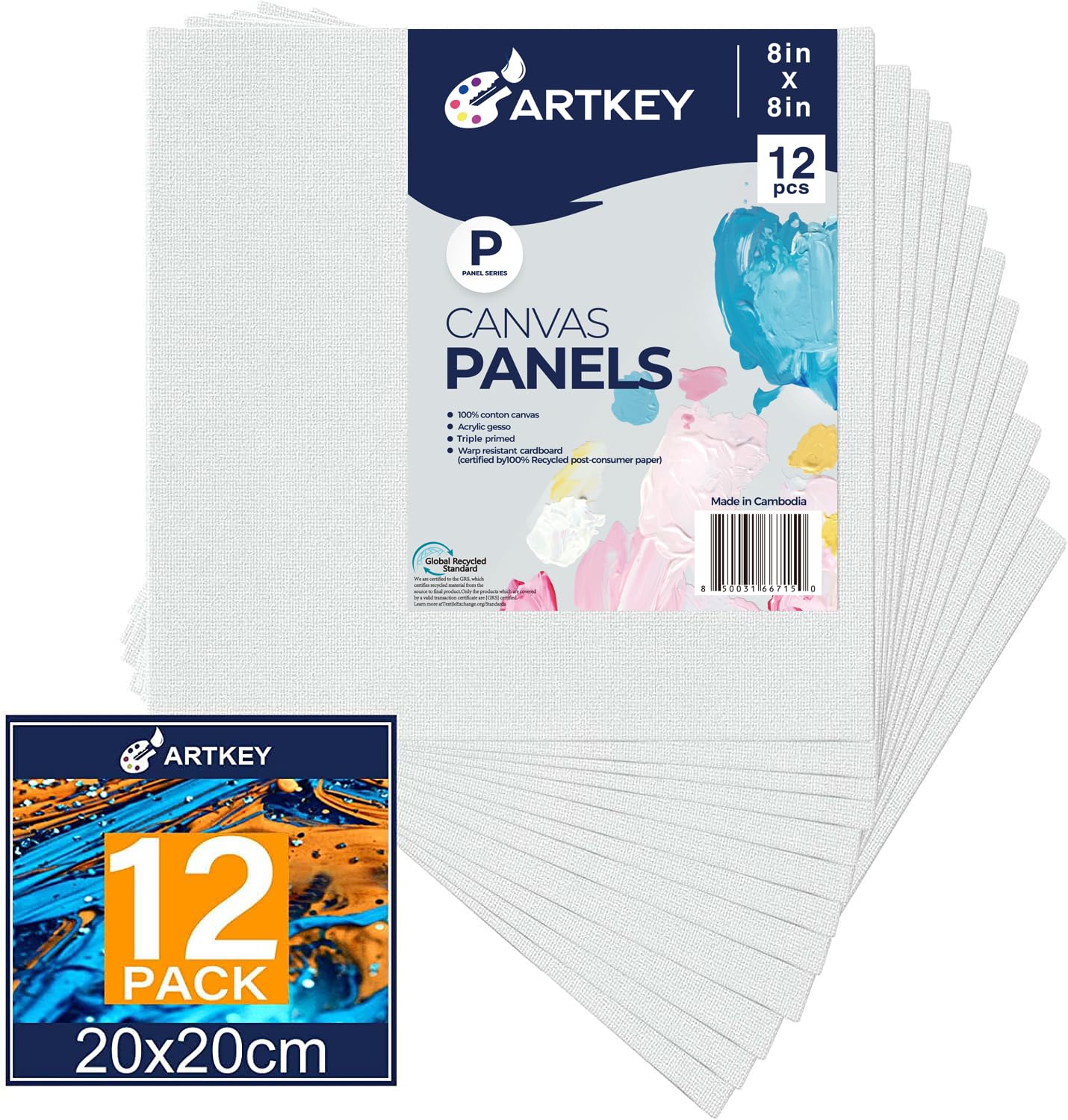 Canvas Panels 8x8 Inch 12-Pack, 10 oz Primed 100% Cotton White Blank Canvases for Painting, Square Flat Canvas Boards for Oil Acrylics Watercolor & Tempera Paints