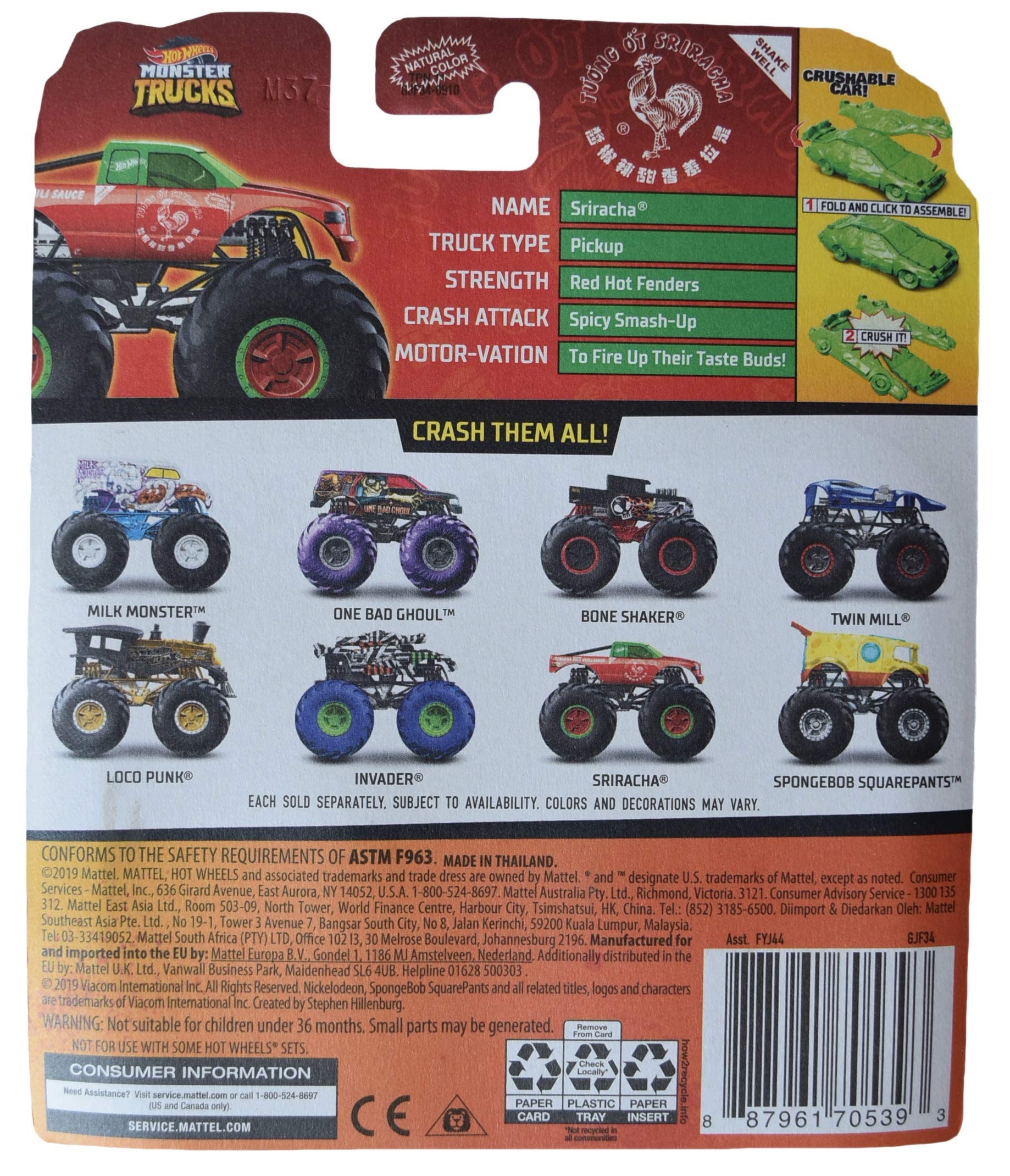 Hot Wheels Monster Trucks Sriracha, Crushable Car 1:64 Scale