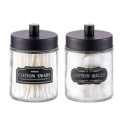 Elwiya Bathroom Apothecary Jars Set, Farmhouse Decor Glass Dispenser Holder for Qtip- Rustic Vanity Organizer with Stainless Steel Lids for Cotton Swabs, Rounds, Bath Salts, Ball/Black, 2 Pack
