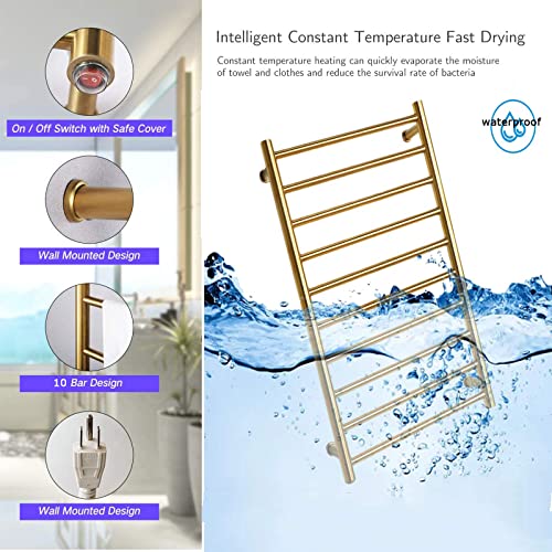 ILROOMH Heated Towel Warmer for Bathroom, Wall Mounted Hot Towel Racks, Stainless Steel Heated Towel Drying Rack, Gold (Hardwire)