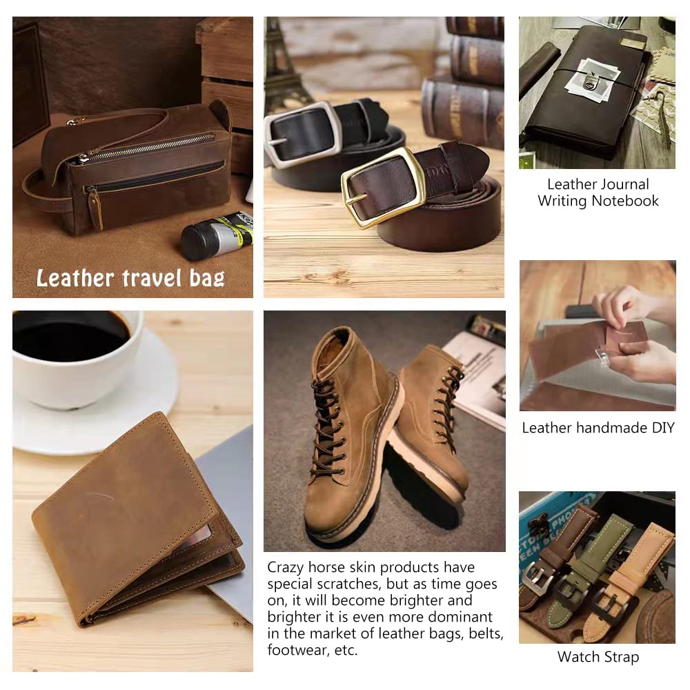 Tooling Leather Square 1.8-2.0MM Thick Genuine Top Full Grain Oil Tan Crazy Horse Cowhide Leather Sheets for Crafts Tooling Sewing Wallet Earring Hobby (Brown, 6"x12")