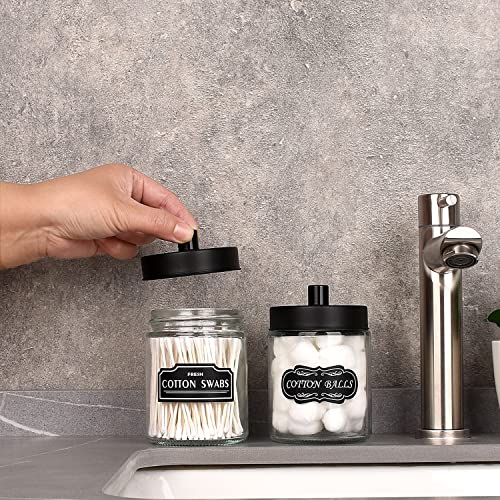 Elwiya Bathroom Apothecary Jars Set, Farmhouse Decor Glass Dispenser Holder for Qtip- Rustic Vanity Organizer with Stainless Steel Lids for Cotton Swabs, Rounds, Bath Salts, Ball/Black, 2 Pack