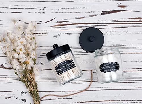 Elwiya Bathroom Apothecary Jars Set, Farmhouse Decor Glass Dispenser Holder for Qtip- Rustic Vanity Organizer with Stainless Steel Lids for Cotton Swabs, Rounds, Bath Salts, Ball/Black, 2 Pack