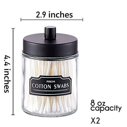 Elwiya Bathroom Apothecary Jars Set, Farmhouse Decor Glass Dispenser Holder for Qtip- Rustic Vanity Organizer with Stainless Steel Lids for Cotton Swabs, Rounds, Bath Salts, Ball/Black, 2 Pack