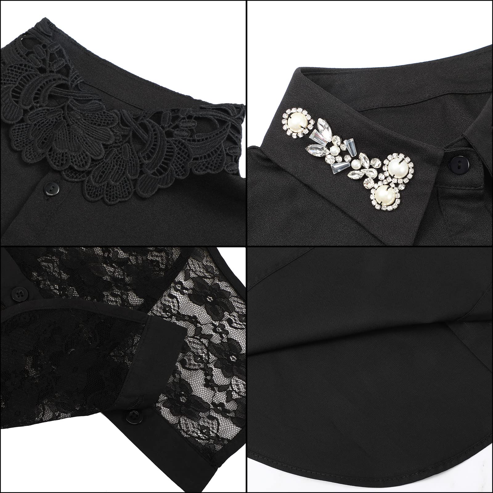 Women's Fake Detachable Dickey Collar Diamond Pearl Lace Fake Half Shirt Collar (Black)