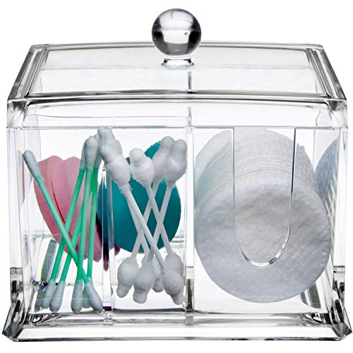 Kryllic Cotton Pad Organizer - Qtip Holder - Cotton Pad Holder - Acrylic Qtip Holder Cotton Organizer - Qtip Dispenser with Lid, Bathroom Storage - Qtip Container
