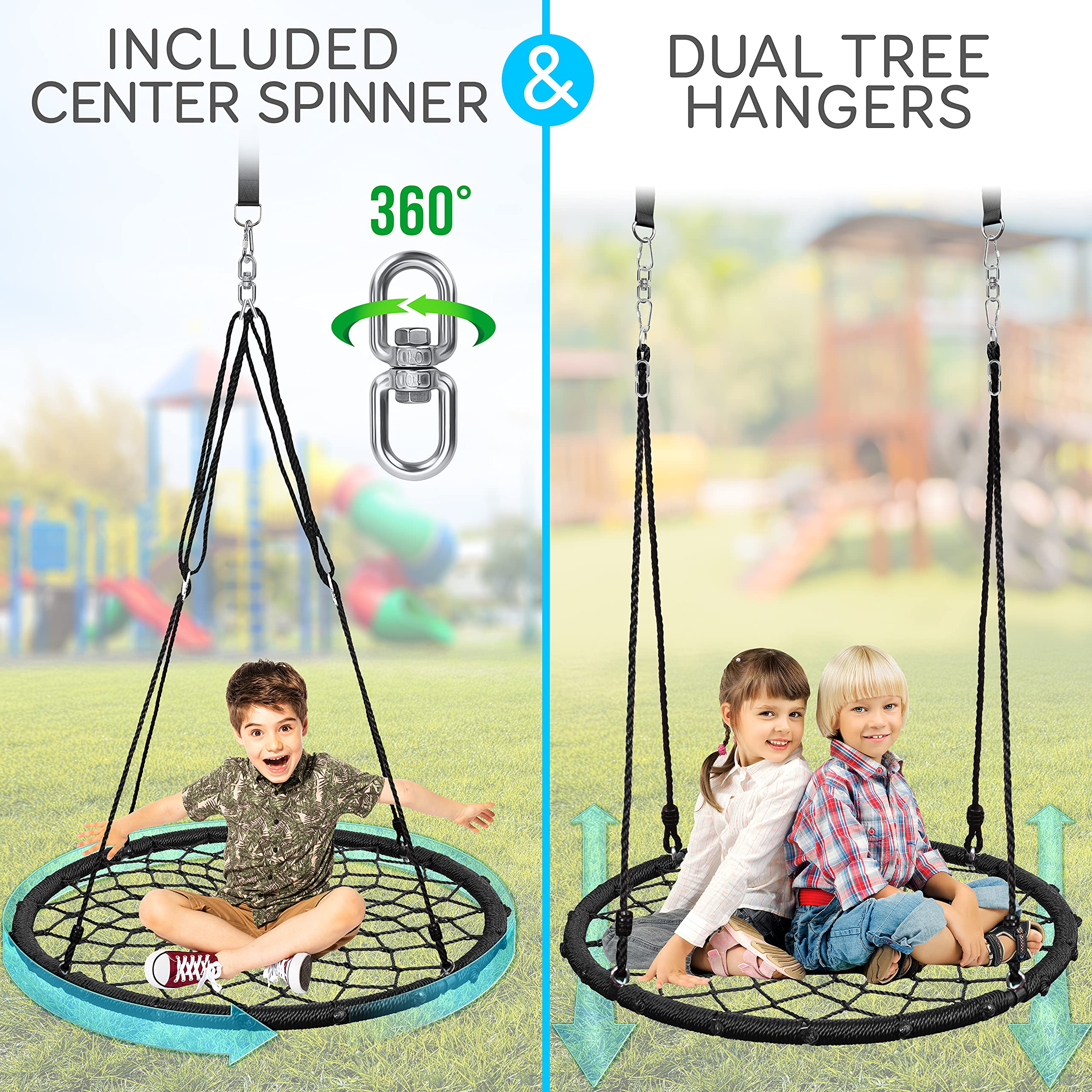 SereneLife Spider Web Tree Swing with Hang Kit and Center Spinner 40โ 600 lbs Kids Outdoor Backyard Tree Playhouse Playground Saucer Swing Set Accessories Platform Glider Mat Swinging Swingset,Black