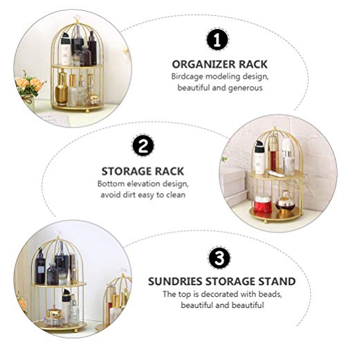 Yardwe Iron Cosmetic Rack Bird Cage Makeup Organizer 2 Tier Wire Storage Holder Essence Perfume Lotion Bottle Shelf Stand Skincare Products Tabletop Organizer