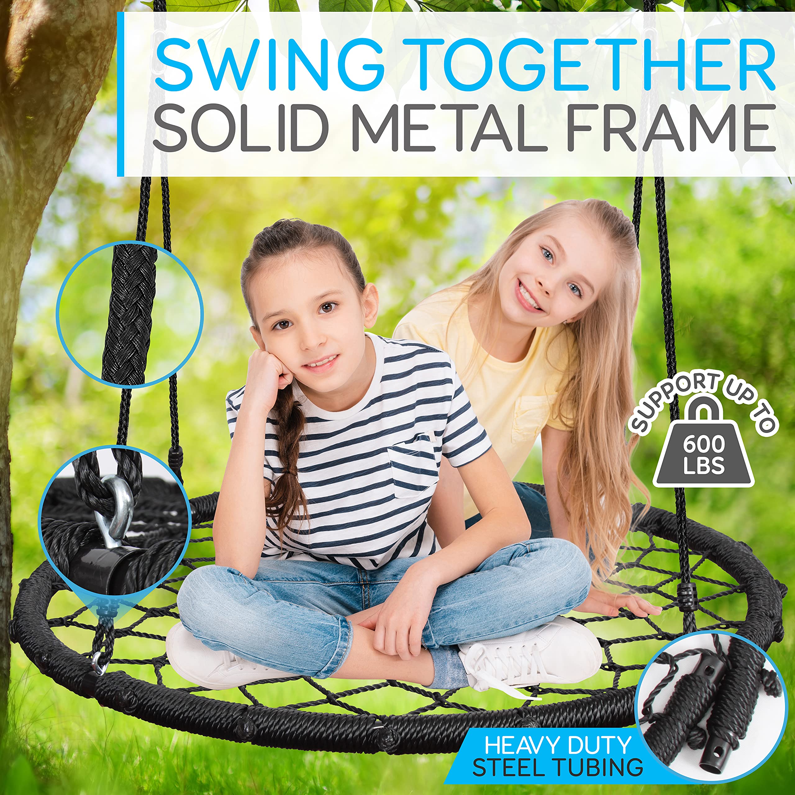 SereneLife Spider Web Tree Swing with Hang Kit and Center Spinner 40โ 600 lbs Kids Outdoor Backyard Tree Playhouse Playground Saucer Swing Set Accessories Platform Glider Mat Swinging Swingset,Black