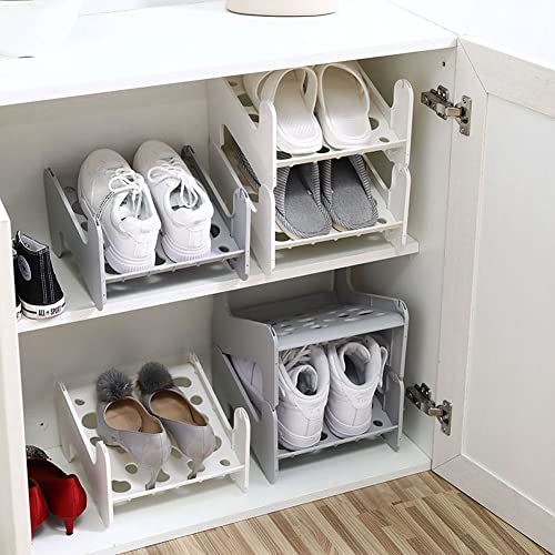 Shoe Slots Organizer, Stackable Shoe Rack, Space Saver for Closet, Double Deck Shoe Holder Shelves for Home and Office Organization, Grey, 2 Pack