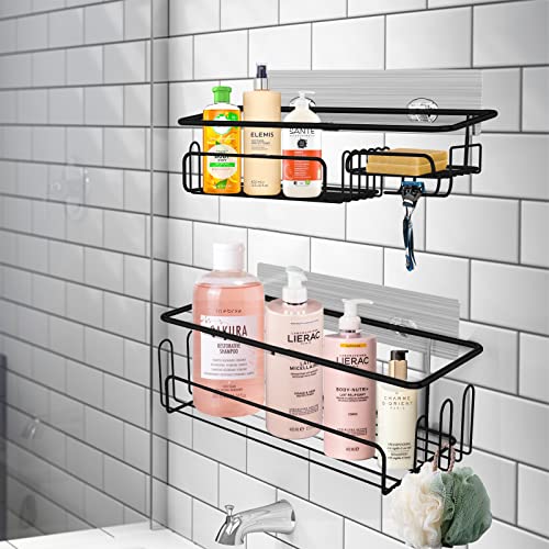 Smatorga Adhesive Shower Caddy with Hooks 2 Pack Shower Organizer Shelf, No Drilling Stainless Steel Bathroom Storage Rack for Inside Shower Shampoo Conditioner Holder,Black…