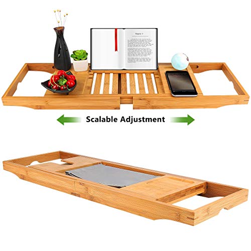 Bathtub Tray Bamboo Bathtub Caddy Tray with Extending Sides Adjustable Book Holder with Premium Luxury Tray Organizer for Phone and Wineglass (Wooden)