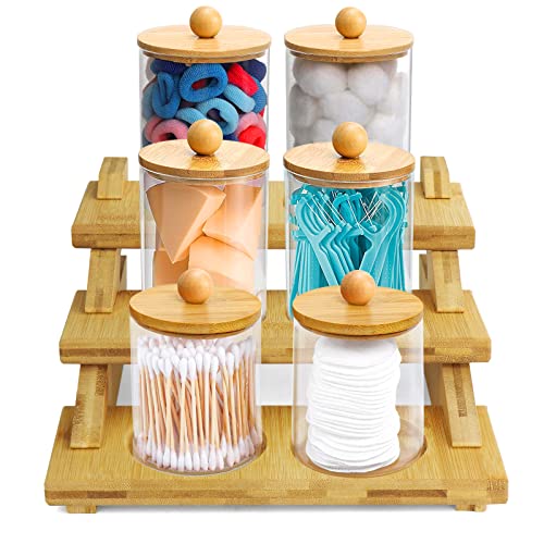 FTUREERA Qtip Holder Storage Organizer, 3 Layer Cotton Ball Holder Apothecary Jars Storage Rack for Bathroomļ¼Suitable for 6 Pack Bathroom Jars up to 2.8 Inches in Diameter