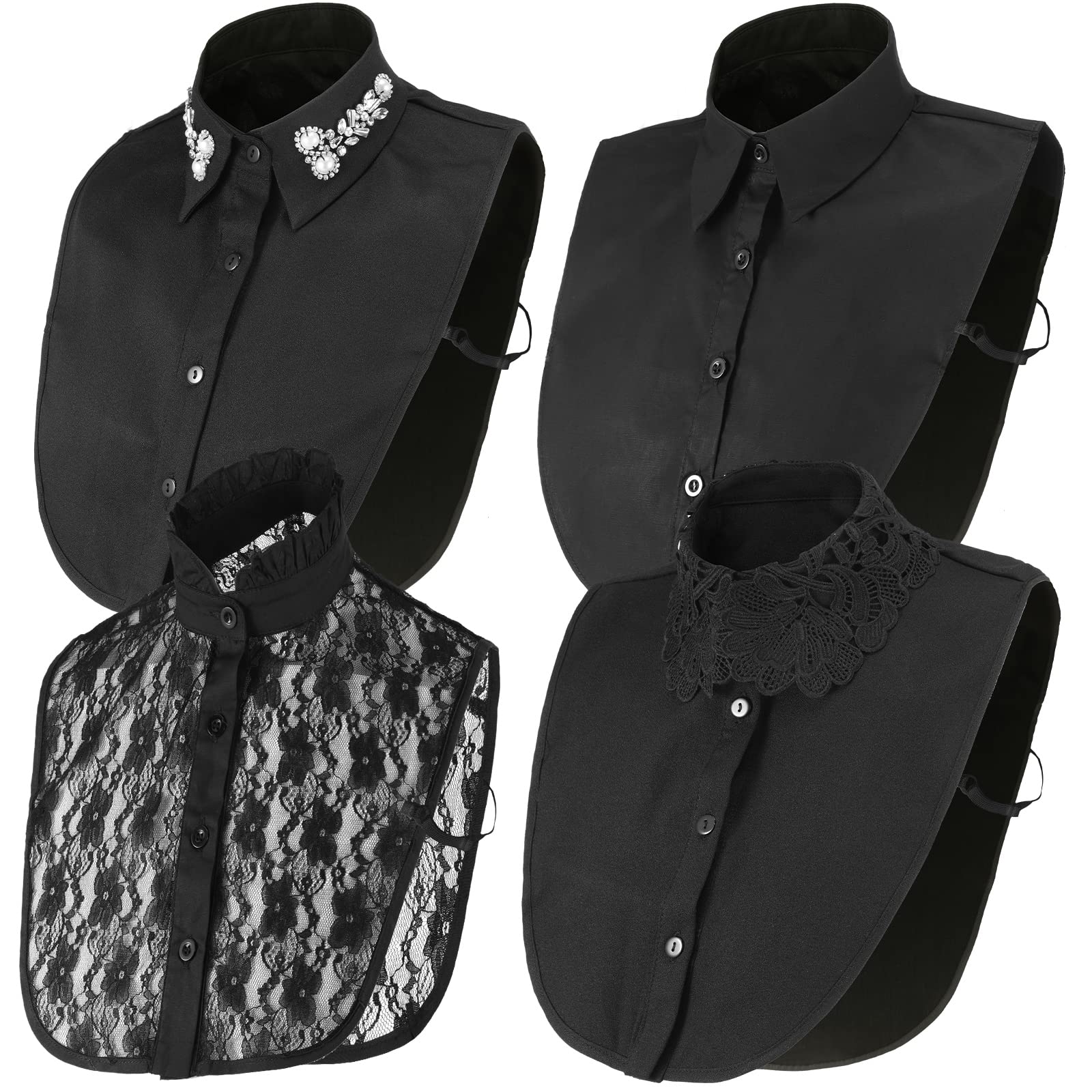 Women's Fake Detachable Dickey Collar Diamond Pearl Lace Fake Half Shirt Collar (Black)